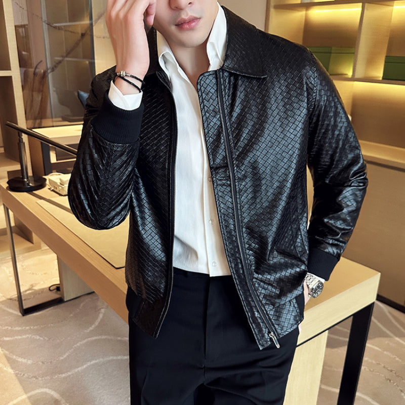 British Business Casual Lapel Plaid Leather Jacket – chicoud